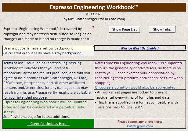 Espresso Engineering Workbook™ for Excel - RF Cafe