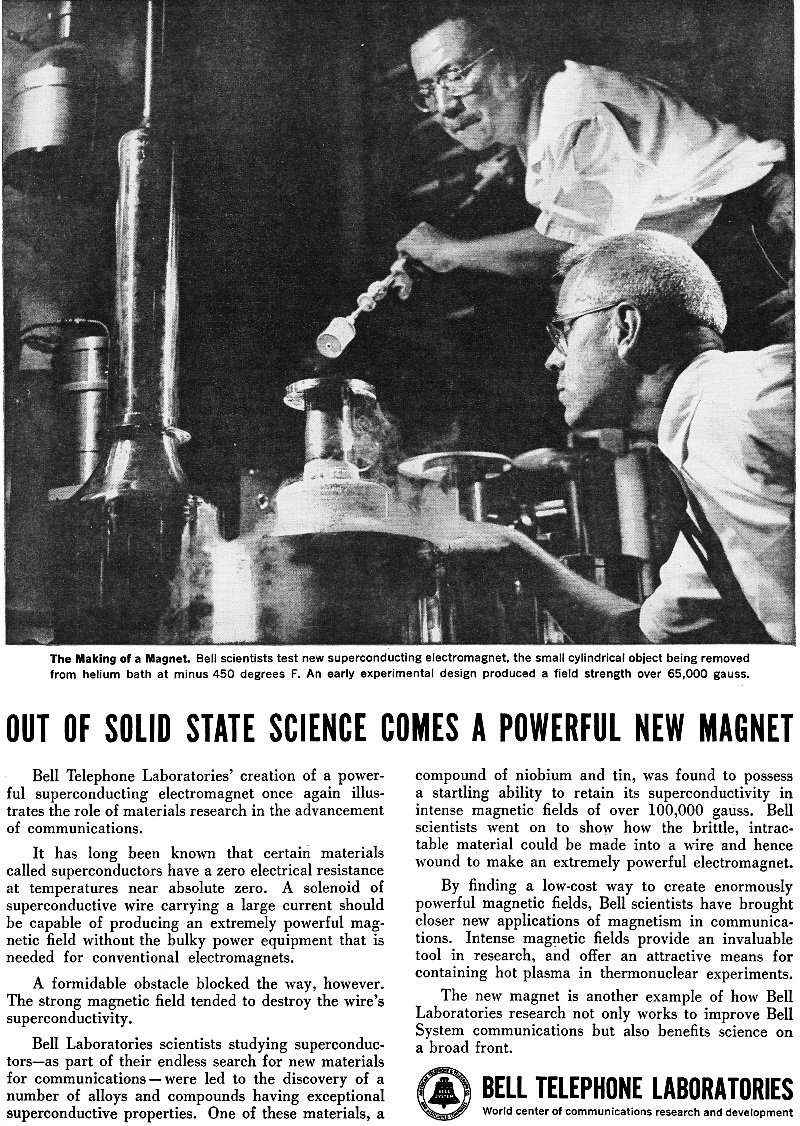 Bell Telephone Laboratories: Niobium Superconducting Magnet, February ...
